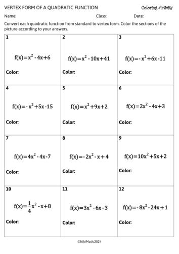 converting quadratic functions to vertex form coloring activity
