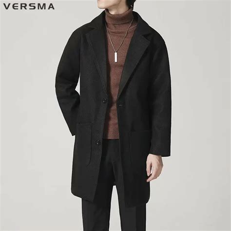 Versma 영국 스타일 겨울 블랙 더플 울 롱 자켓 코트 남성 솔리드 컬러 롱 울 트렌치 코트 남성 오버 코트