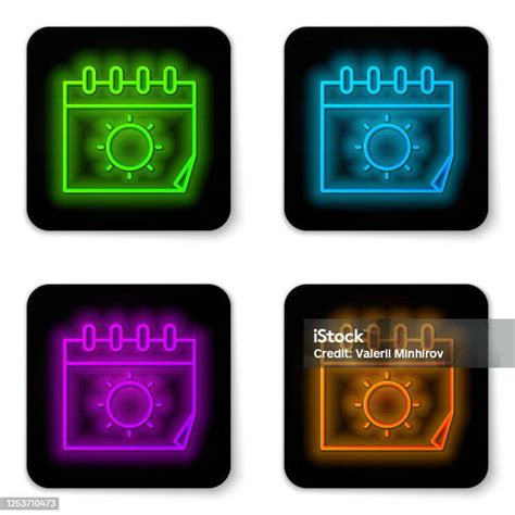 흰색 배경에 고립 된 빛나는 네온 라인 달력과 태양 아이콘 이벤트 미리 알림 기호입니다 검은 색 사각형 버튼 벡터 일러스트레이션 0명에 대한 스톡 벡터 아트 및 기타 이미지