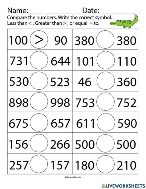Compare 3 Digit Numbers Worksheet