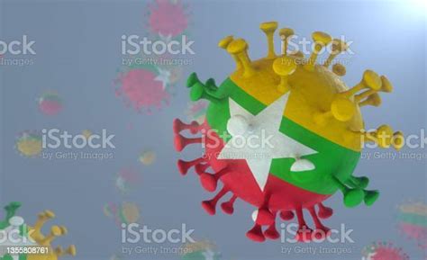 미얀마 국기 인쇄 델타 람다 플러스 변형 3d 렌더와 미얀마 플래그 코로나 바이러스의 패턴과 코비드19 바이러스 3차원 형태에
