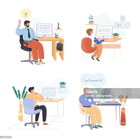 작업 개념 장면 세트를 프로그래밍합니다 컴퓨터에서 코딩하는 코더 또는 프로그래머 쓰기 프로그램 사무실 작업장 사람들의 활동 수집 플랫 디자인의 문자벡터 일러스트레이션 개념에