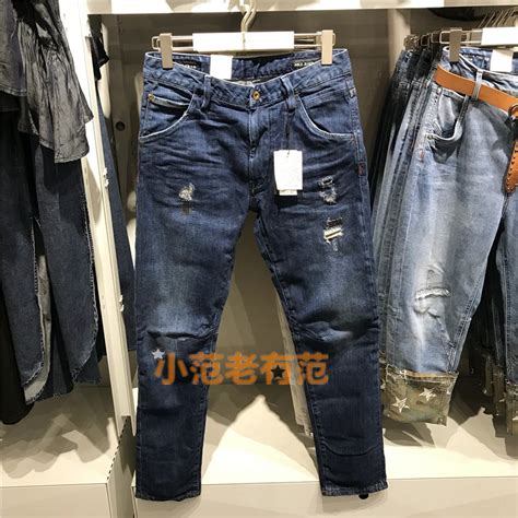 福利able Jeans牛仔裤男秋款新款3d立体锥形破洞贴布弹力牛仔长裤小范老有范