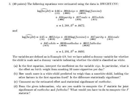 Solved 3 40 Points The Following Equations Were Estimated