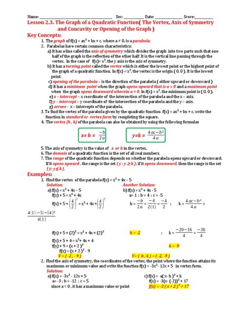 Lesson 23 Graphs Of Quadratic Functions 2 Pdf Quadratic Equation Mathematical Objects