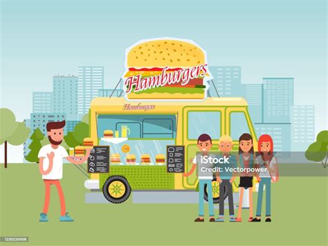 도시 푸드 트럭 벡터 일러스트 거리 트럭 또는 밴 판매 다양 한 햄버거 메뉴 공원 축제 시장에서 햄버거를 구입 하는 사람들 Film Festival에 대한 스톡 벡터 아트