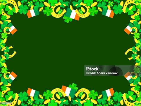 성 패트릭의 날을 위한 문구 액자에는 아일랜드 국기 클로버 잎 금화 말굽 등이 그려져 있습니다 토끼풀 황금 말굽 동전 및 아일랜드 국기와 국경을 맞대고 있습니다 벡터