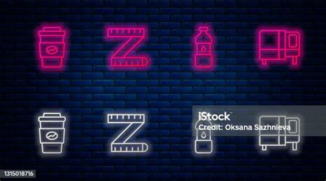 세트 라인 테이프 측정 물 병 커피 컵 이동 및 침대 벽돌 벽에 빛나는 네온 아이콘 벡터 0명에 대한 스톡 벡터 아트 및 기타 이미지 Istock