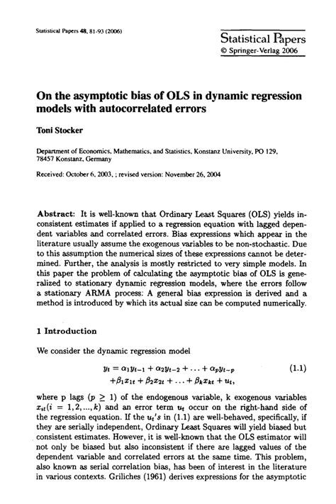 Pdf On The Asymptotic Bias Of Ols In Dynamic Regression Models With