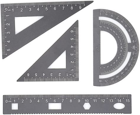 4 Pcs Black Metal Math Geometry Tools Aluminum Alloy Straightedge Triangle Ruler Protractor