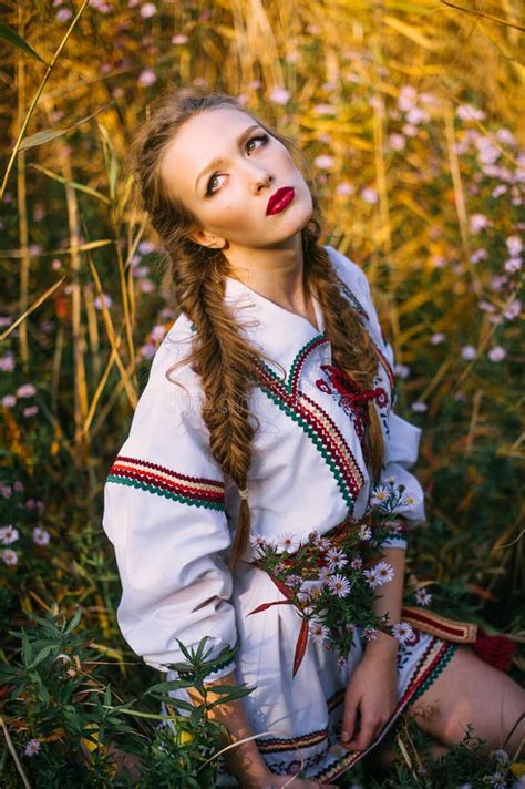 Young Girl On The Summer Field In National Belarus Clothes Fas Stock