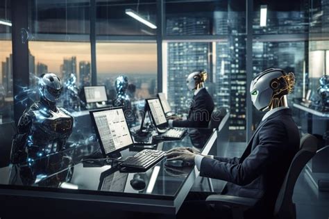 Ai Robots Using Multiple Computers Working Monitoring Data In Office