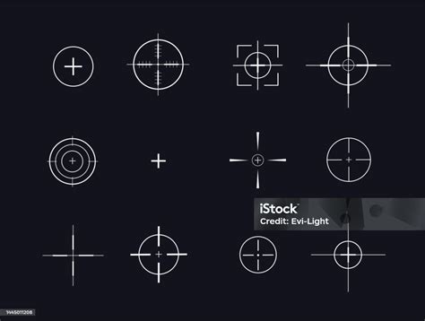 무기의 광학 시력 게임을위한 십자가 아이콘 디자인 저격수가 조준합니다 사냥 총 사격 검은 배경에 간단한 흰색 기호 세트입니다 벡터 그림입니다 검안사에 대한 스톡 벡터 아트