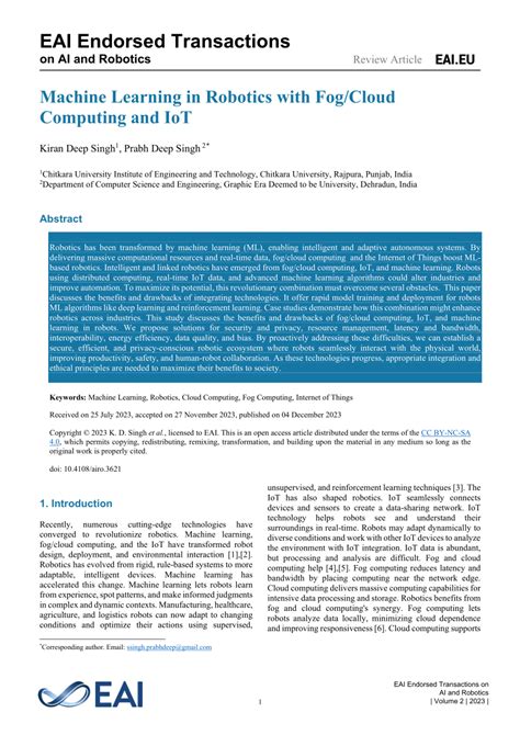 pdf machine learning in robotics with fog cloud computing and iot