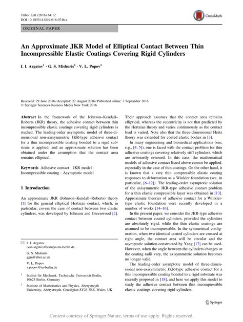An Approximate Jkr Model Of Elliptical Contact Between Thin Incompressible Elastic Coatings