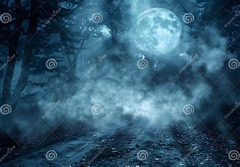 Foggy Forest Path With Full Moon Stock Illustration Illustration Of