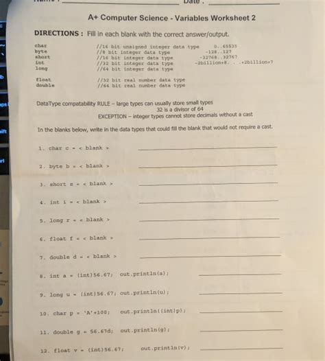 Solved Dal A Computer Science Variables Worksheet 2