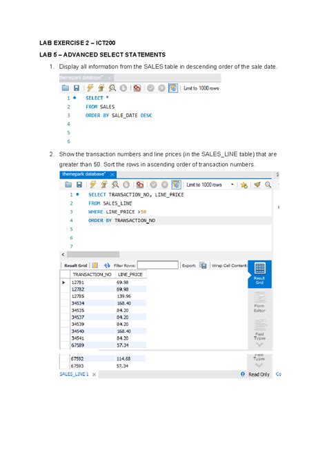Lab Exercise 2 Lab Exercise 2 Ict Lab 5 Advanced Select Statements Display All Information