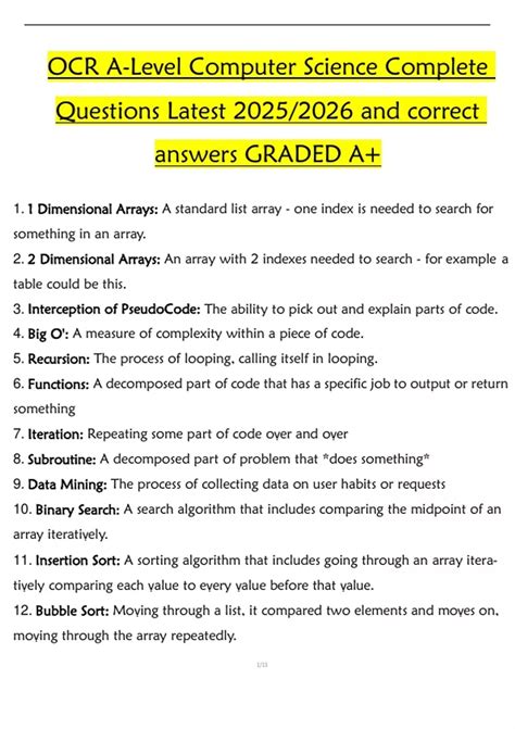 Ocr A Level Computer Science Complete Questions Latest 20252026 And Correct Answers Graded A
