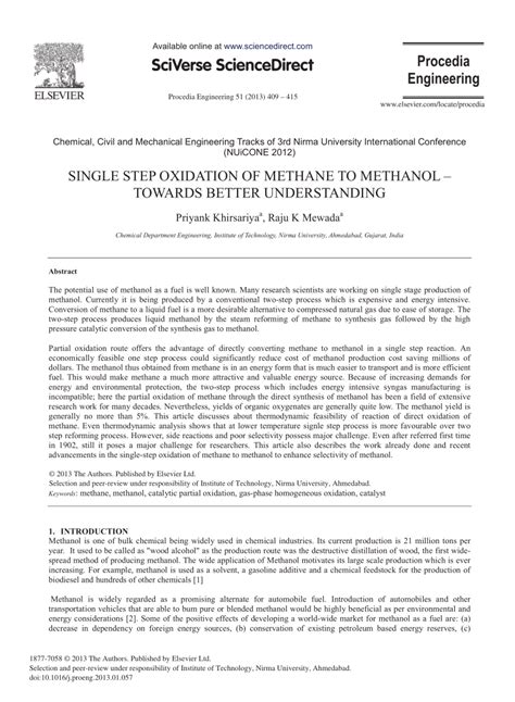 Pdf Single Step Oxidation Of Methane To Methanol Towards Better Understanding