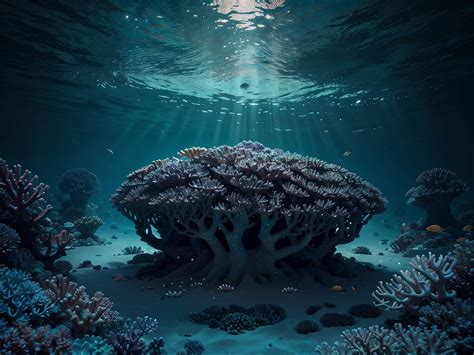 초현실적인 수중 세계와 천상의 터치를 결합한 이미지를 만드세요 생명력이 넘치는 산호초를 보여주세요 바다 깊은 곳을 밝히는 생물 발광 생물의 초현실적인 요소를 추가합니다