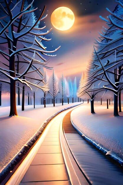 Beleuchteter Verschneiter Weg In Einem Park In Einer Kalten Winternacht