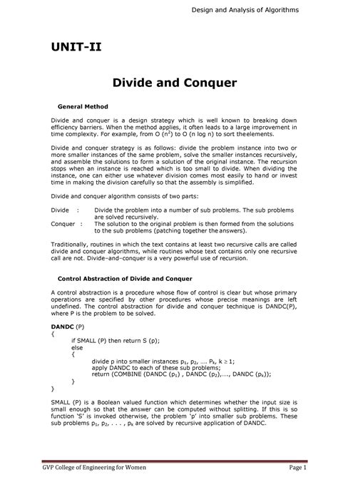 Design And Analysis Of Algorithm UNIT II Divide And Conquer General