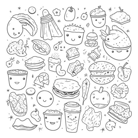 점선 개요 스케치 드로잉이 있는 흑백 색칠 배경 그림의 다른 음식과 낙서 벡터 쉬운 음식 그리기 쉬운 음식 개요 쉬운 음식 스케치 Png 일러스트 및 벡터 에 대한