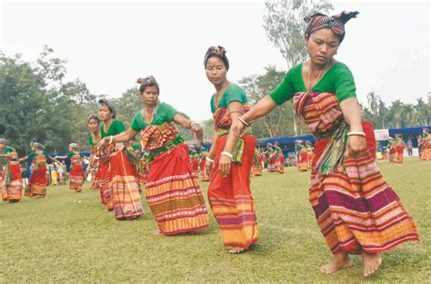 Women Clad In Their Rabha Traditional Attire Dance During A Cultural