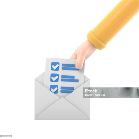 작업 관리 할 일 체크리스트를 손에 들고 있는 3d 메일 봉투 아이콘 편지 용지 읽기 과제 및 시험이 포함된 최소한의 이메일 편지 메시지 개념3d 흰색 배경에 렌더링 3차원