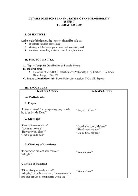 Grade 11 Chapter 3 Lesson 1 DETAILED LESSON PLAN IN STATISTICS AND PROBABILITY WEEK 7 TUESDAY