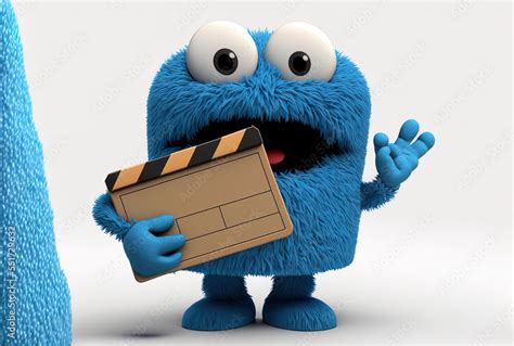 On A White Background A Blue Book Character Mascot Holds A Cinema Clapper Board Generative Ai