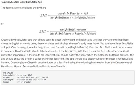 Solved Task Body Mass Index Calculator App The Formulas For Chegg