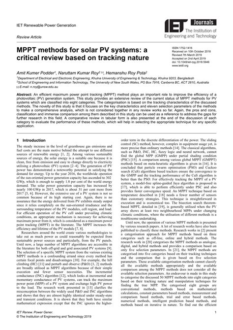 Pdf Mppt Methods For Solar Pv Systems A Critical Review Based On Tracking Nature