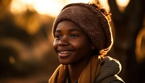 Mujer Africana Joven Que Sonr E En La Puesta Del Sol Foto Premium