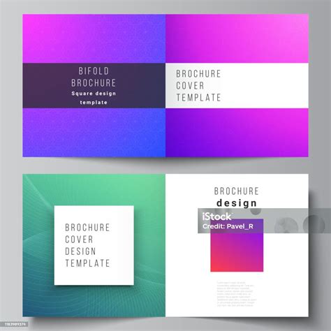 정사각형 디자인 Bifold 브로셔 잡지 전단지 소책자를위한 두 개의 표지 템플릿의 편집 가능한 레이아웃의 벡터 그림 화려한 그라데이션 비즈니스 배경과 추상 기하학적 패턴
