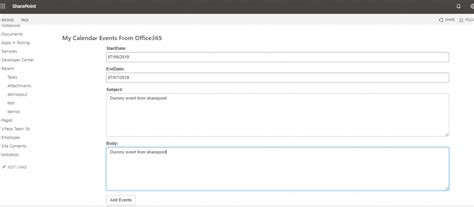 create calendar events from sharepoint using ms graph api