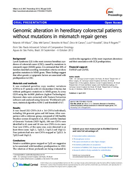 Pdf Genomic Alteration In Hereditary Colorectal Patients Without Mutations In Mismatch Repair