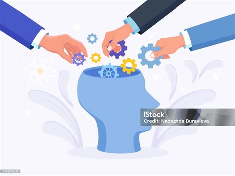 내부에 기어 바퀴와 인간의 머리 사람들은 그것에 톱니바퀴를 넣습니다 생산성 효율성 두뇌 성능과 지능과 지식 개발 생각으로 기어와