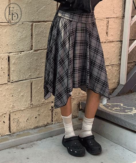 느좋💕 언발 체크 스커트 플레어 밴딩 미디 롱 치마 에이블리