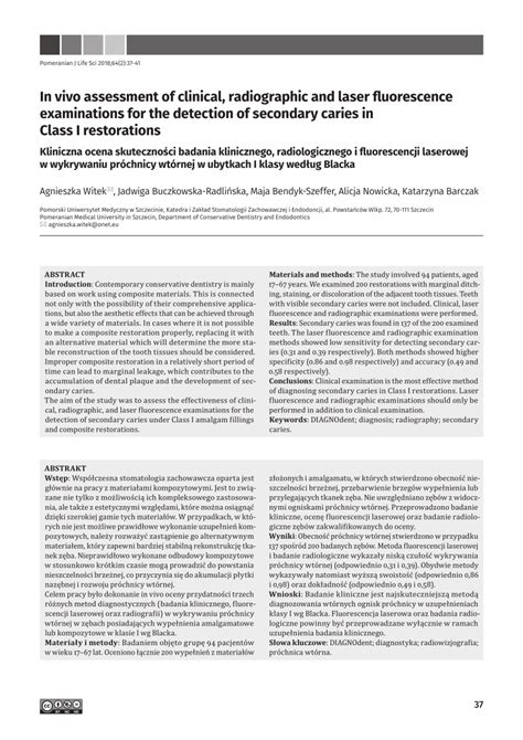 Pdf In Vivo Assessment Of Clinical Radiographic And Laser Fluorescence Examinations For The