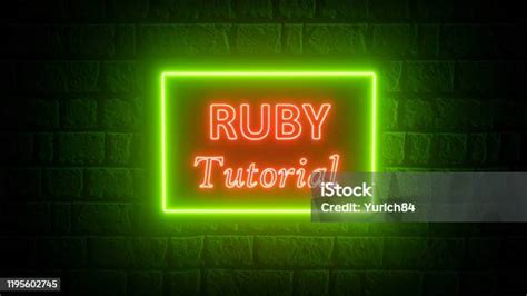 벽돌 벽에 네온 색상의 루비 튜토리얼의 3d 렌더링 프로그래밍 자습서 코딩 개념입니다 응용 프로그램 개발 루비 언어 0명에 대한