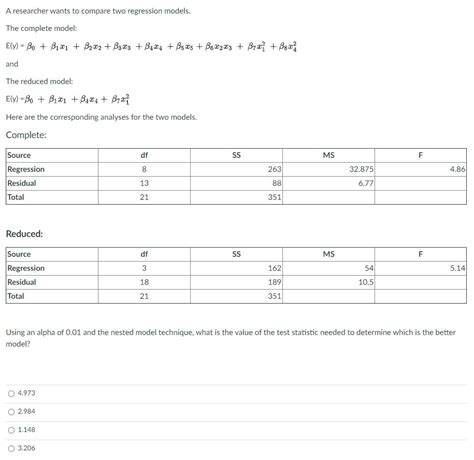 Solved A Researcher Wants To Compare Two Regression Models Chegg