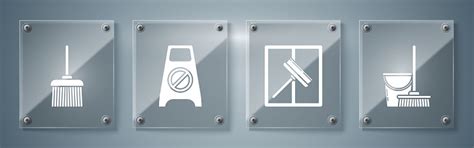 걸레와 양동이 스퀴지 스크레이퍼 와이퍼 젖은 바닥 및 청소를 진행 중으로 설정하고 빗자루를 처리합니다 정사각형 유리 패널 벡터