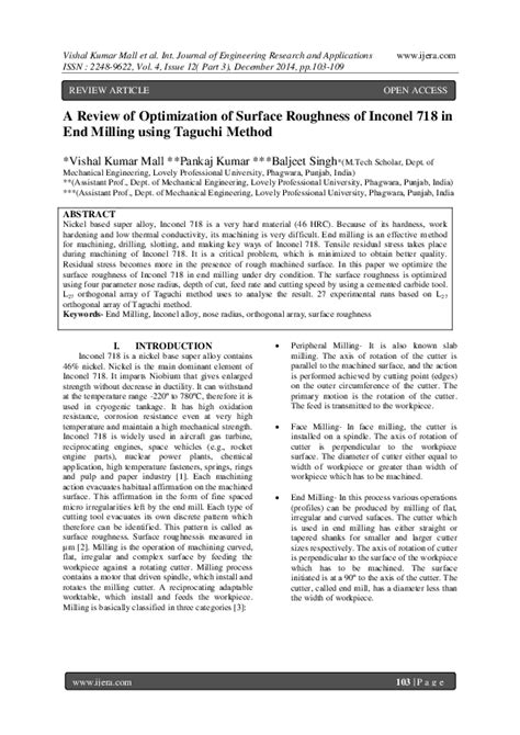Pdf A Review Of Optimization Of Surface Roughness Of Inconel 718 In End Milling Using Taguchi