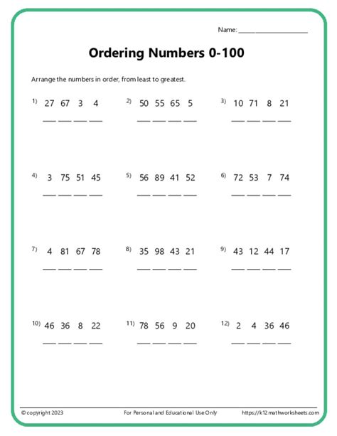 Ordering Numbers Activities Worksheets