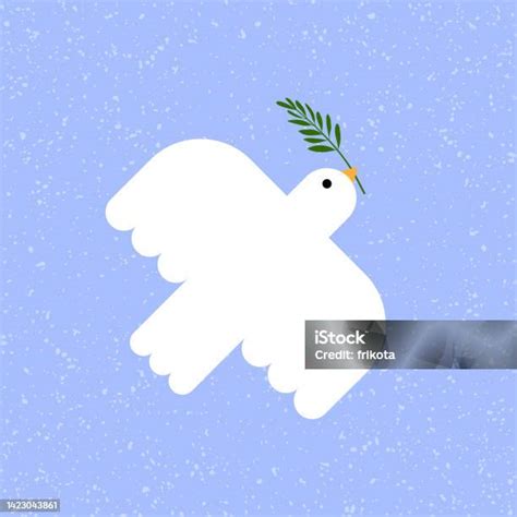 올리브 가지로 날아 다니는 미니멀리스트 화이트 비둘기 아이콘 평화의 상징 사각형 파란색 배너 비폭력 관용 평등의 개념 벡터 일러스트 레이 션 평면 디자인 건축하기에 대한
