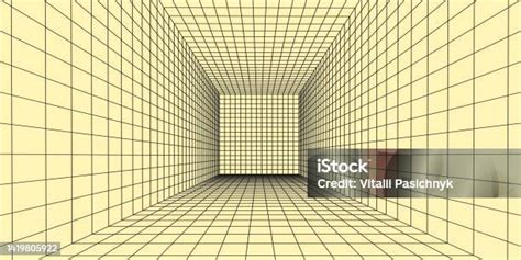 노란색 배경에 3d 와이어프레임 룸 추상적 인 원근감 그리드 벡터 일러스트레이션 0명에 대한 스톡 벡터 아트 및 기타 이미지 0명 3차원 형태 가상현실 Istock