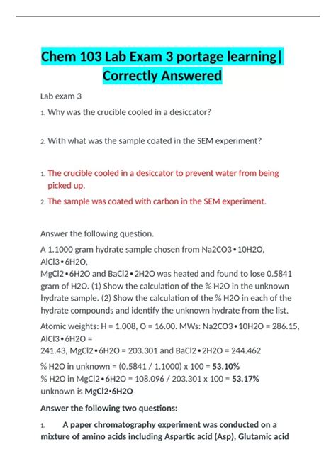 Chem 103 Lab Exam 3 Portage Learning Correctly Answered Chem 103