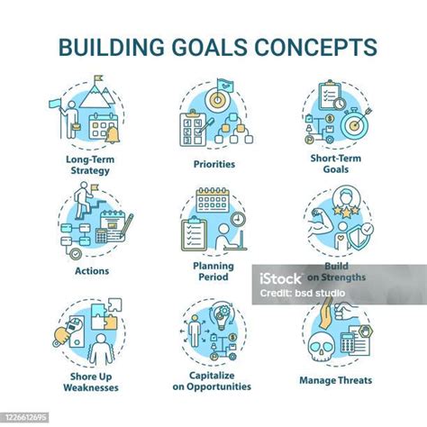 목표 개념 아이콘 을 빌드합니다 목표를 달성할 수 있도록 설정합니다 성능 향상 자체 개발 아이디어 얇은 라인 Rgb 컬러 일러스트 벡터 절연 윤곽선 도면 편집 가능한